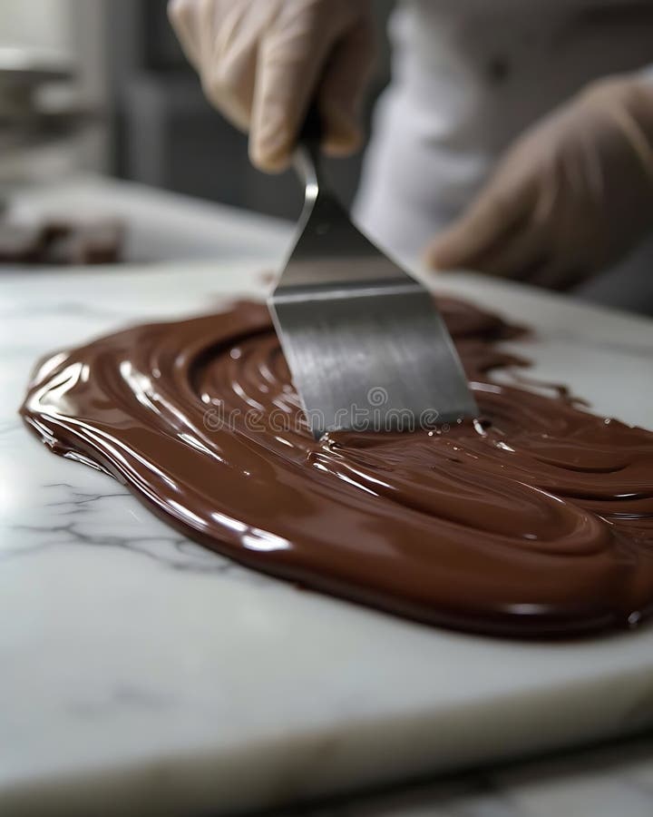 Chef Tempering Chocolate on Marble Slab with Metal Scraper in Artisan ...
