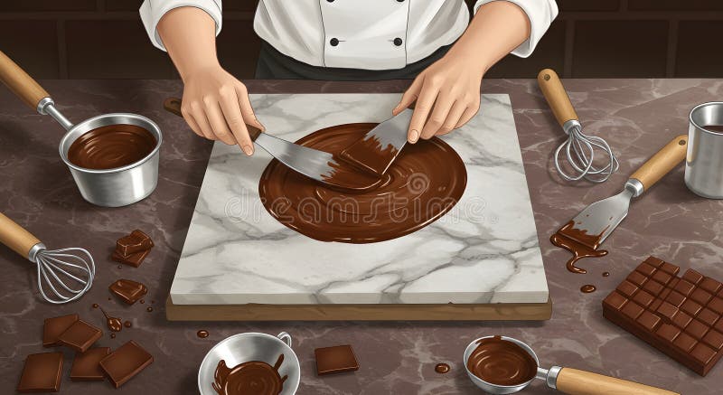 Chef Tempering Chocolate on Marble Slab with Spatulas and Utensils ...