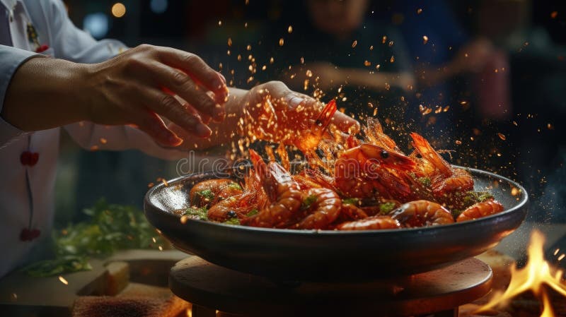Chef Throwing Prawns on Wok Pan, Ai Generated Stock Illustration ...