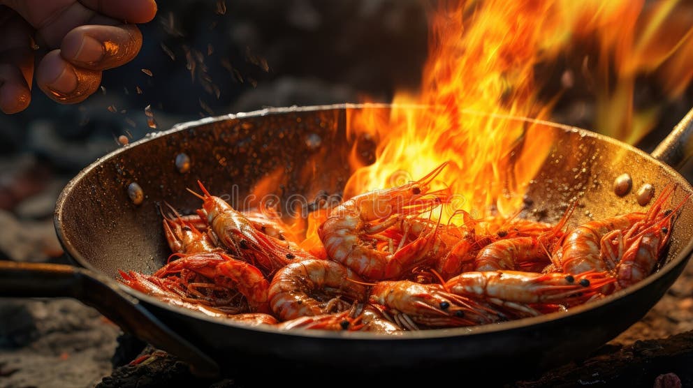 Chef Throwing Prawns on Wok Pan, Ai Generated Stock Illustration ...