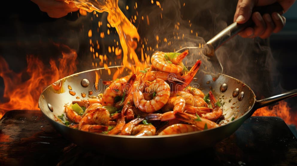 Chef Throwing Prawns on Wok Pan, Ai Generated Stock Illustration ...