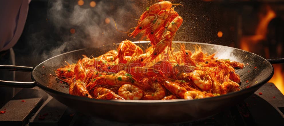 Chef Throwing Prawns on Wok Pan, Ai Generated Stock Illustration ...