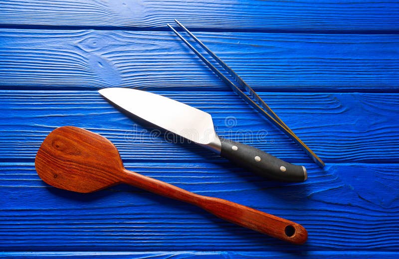 Chef Tools on a Blue Wooden Background Stock Image - Image of abstract ...