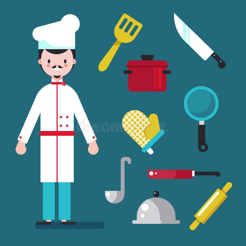Chef and Tools Character, Set Kitchen Shelves and Cooking Utensils ...