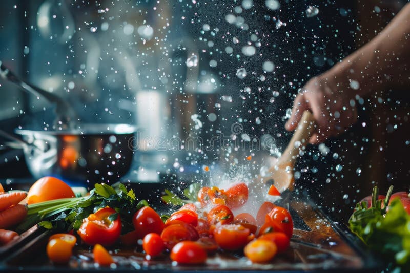 A Chef Tosses Tomatoes in a Kitchen, Creating a Dramatic Water Splash ...