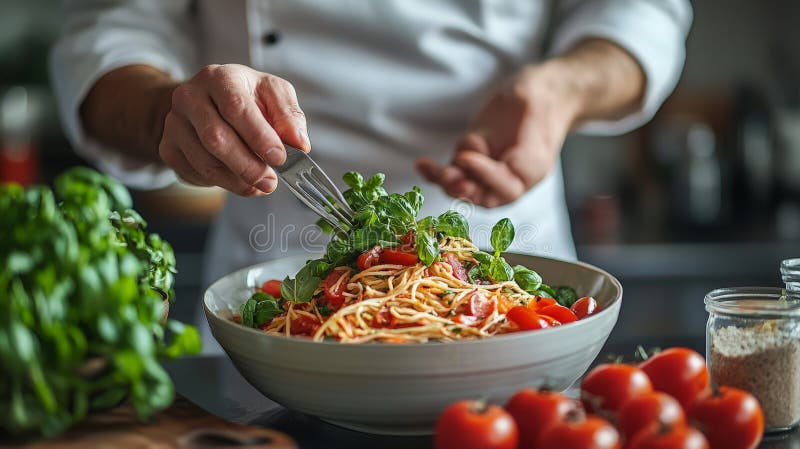 Chef Tossing Pasta with Fresh Basil Stock Photo - Image of meal ...