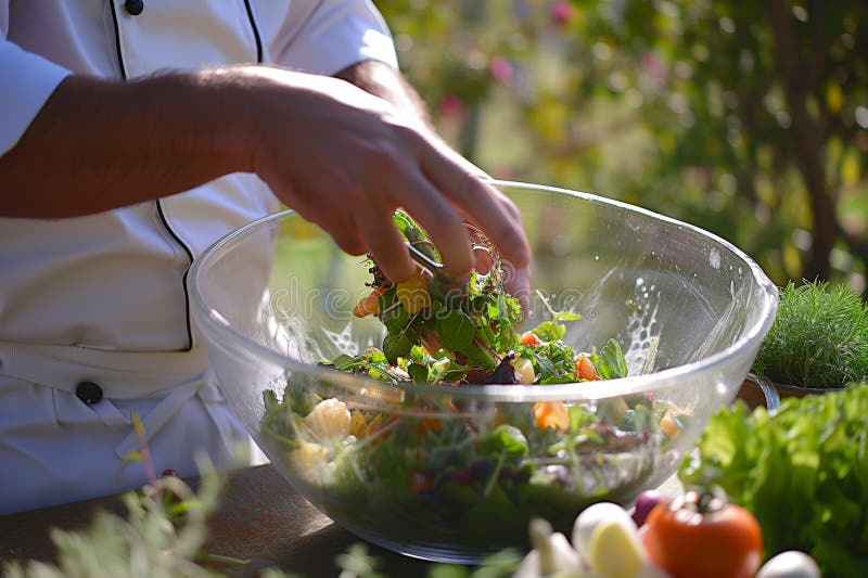 Chef Tossing Salad in a Bowl Outside Stock Illustration - Illustration ...