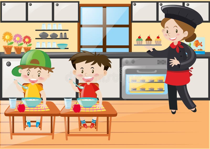 Chef and Two Boys in Kitchen Stock Illustration - Illustration of ...