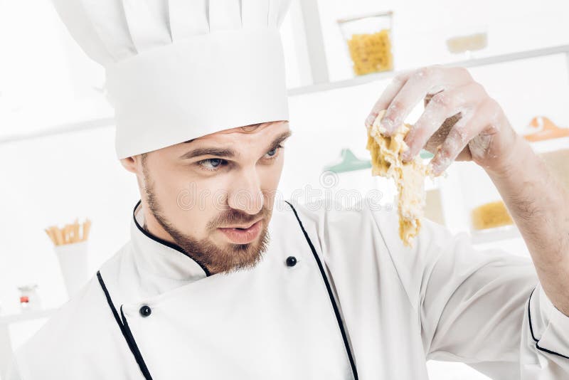Chef in Uniform Makes Dough in Kitchen. Bad Dough Stock Image - Image ...