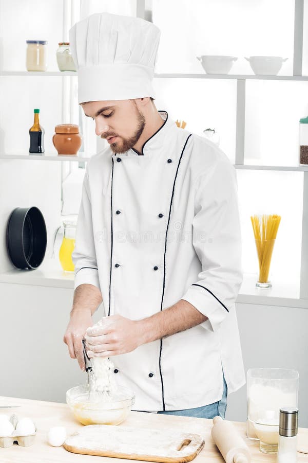 Chef in Uniform Makes Dough in Kitchen Stock Image - Image of bowl ...