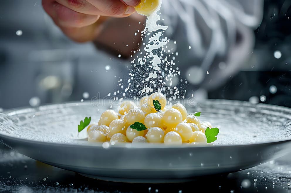Chef Using Finger Lime Pearls As Garnish on an Elegant Dessert Stock ...