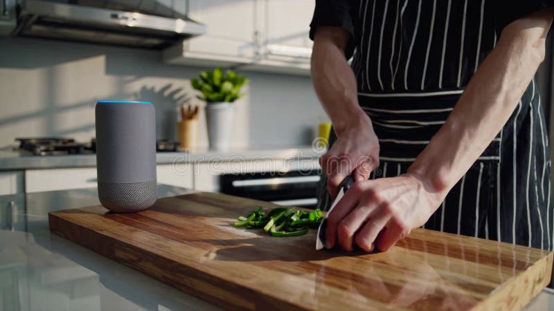 Chef Using Smart Speaker in Kitchen Stock Footage - Video of slicing ...