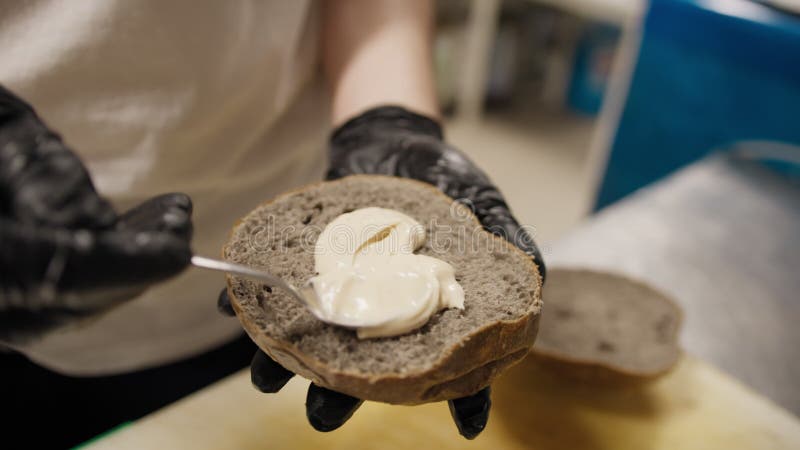 Chef Using Spoon To Spread Mayonnaise on the Wholemeal Bread for the ...