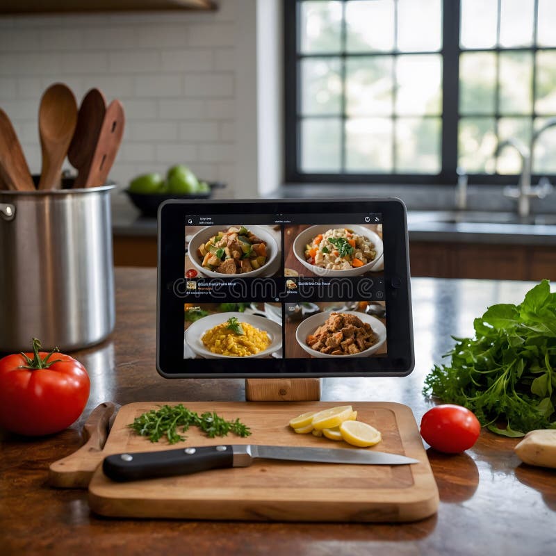 Chef Using Tablet with Recipe App in Kitchen Surrounded by Ingredients ...