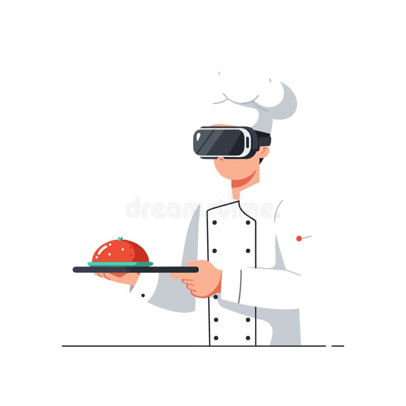 Chef Wearing Virtual Reality Headset Serving Dish in Flat Vector Art ...