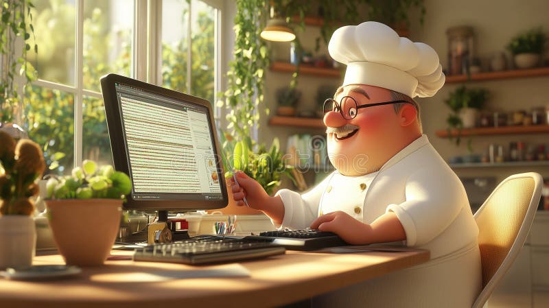 A Cheerful Chef Working on a Computer in a Sunny Kitchen Filled with ...