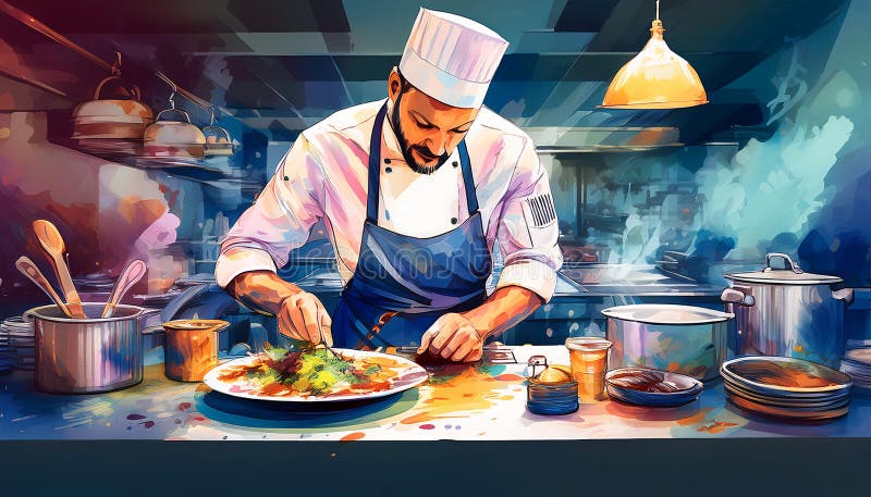 A Chef in a White Uniform and Hat is Meticulously Plating a Dish Under ...