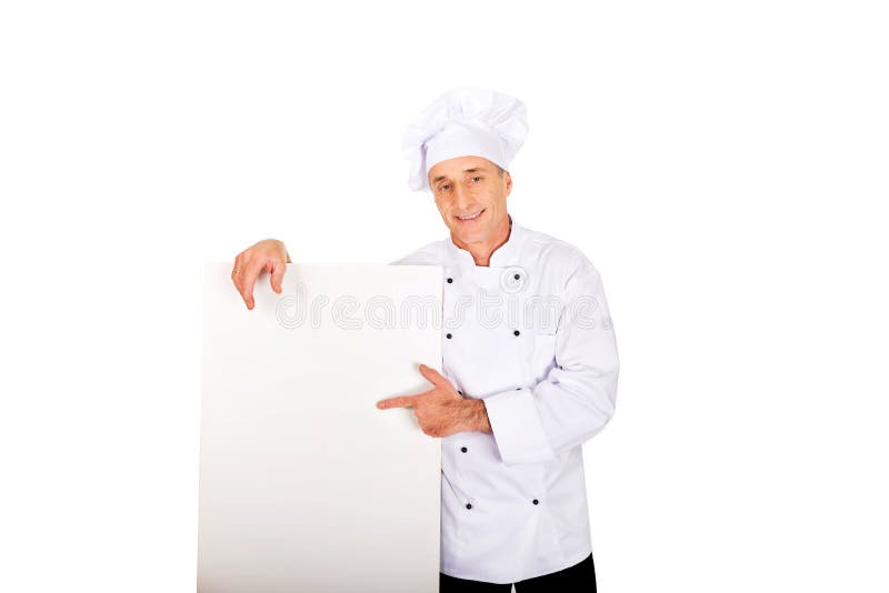 Chef in White Uniform Holding Empty Banner Stock Photo - Image of ...