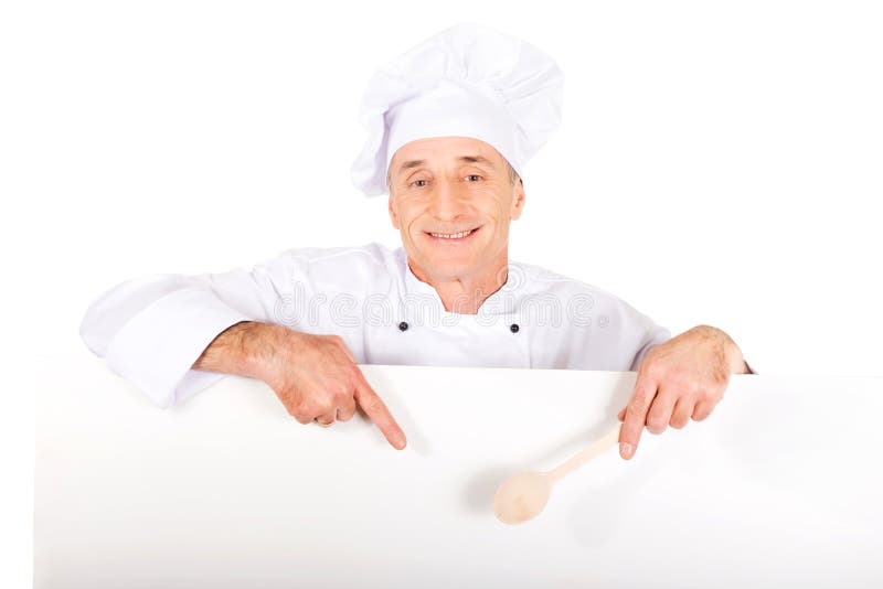 Chef in White Uniform Holding Empty Banner Stock Photo - Image of ...