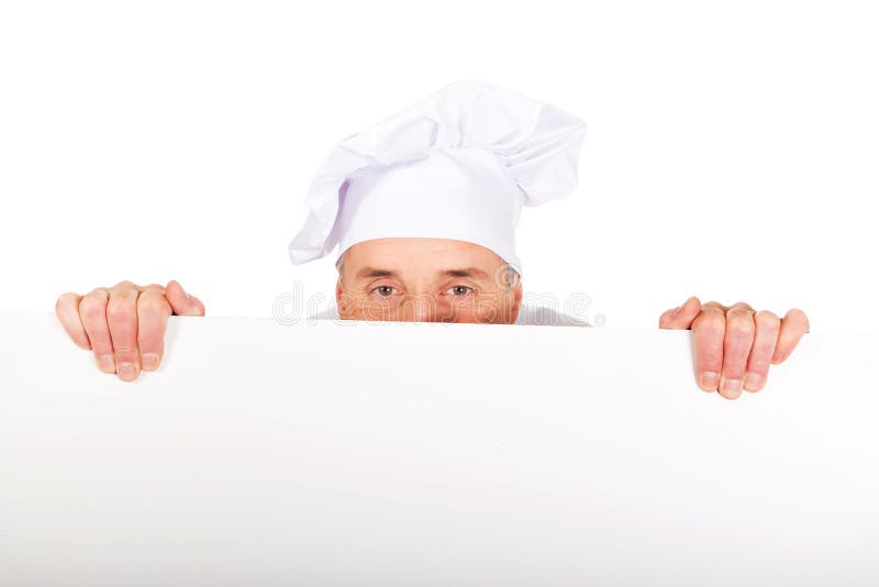 Chef in White Uniform Holding Empty Banner Stock Image - Image of ...