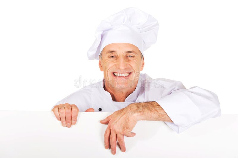 Chef in White Uniform Holding Empty Banner Stock Photo - Image of ...