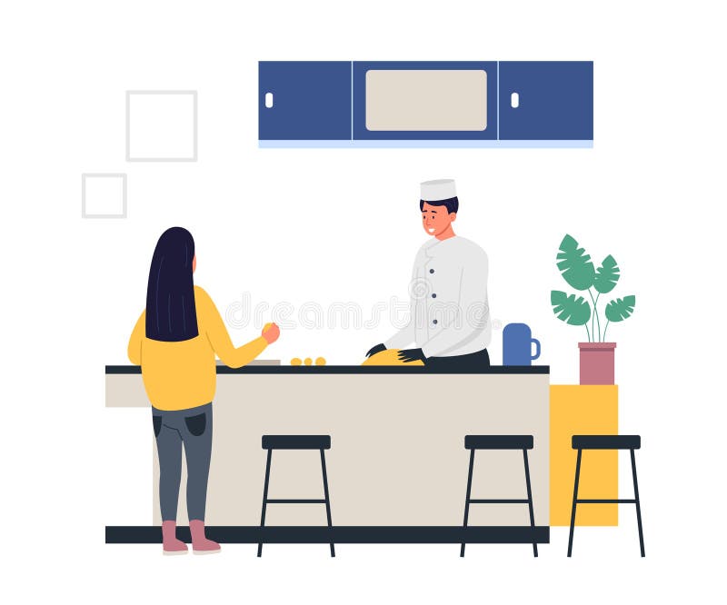 Chef in White Uniform Preparing Food Interacting with Customer at ...