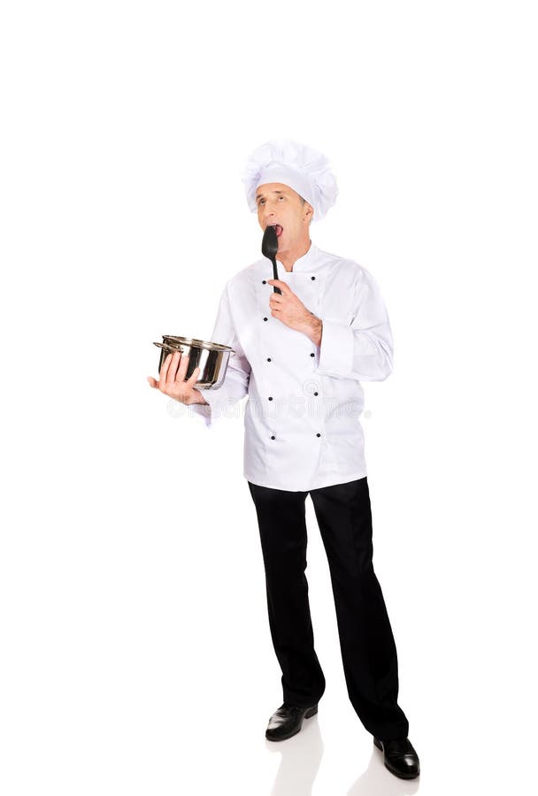 Chef in White Uniform Tasting His Soup Stock Image - Image of cooker ...