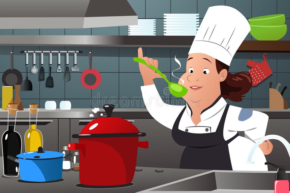 Chef Woman Cooking in the Kitchen Vector Illustration Stock Vector ...