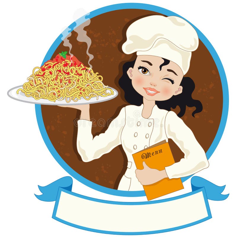 Chef woman with spaghetti stock vector. Illustration of graphic - 91381487