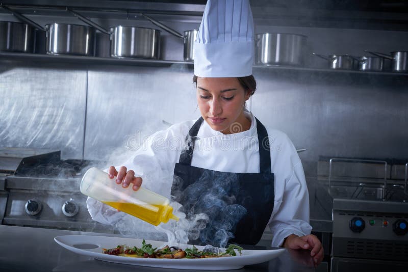 Chef Woman Working in Kitchen with Smoke Stock Image - Image of cuisine ...