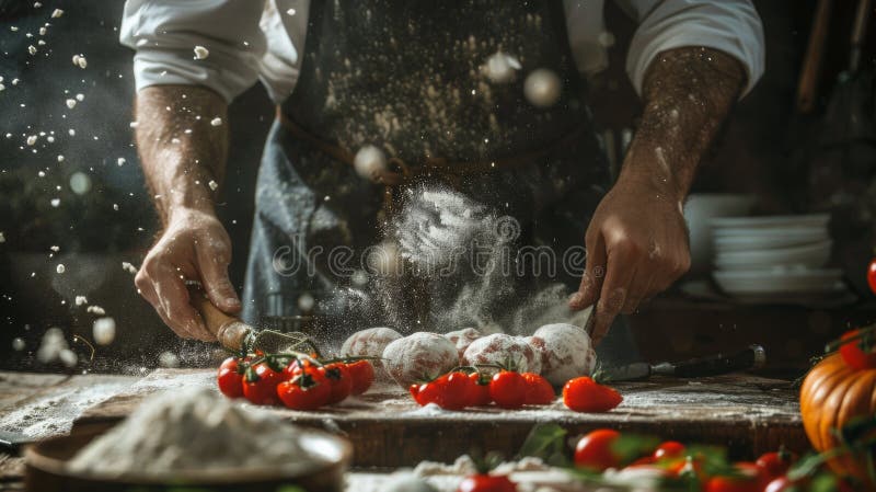 Chef Working with Dough and Vegetables in Rustic Kitchen Stock Image ... Chef Working with Dough and Vegetables in Rustic Kitchen Stock Image ...