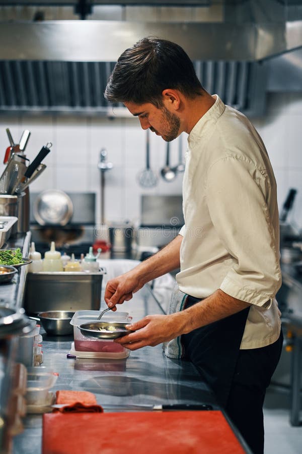 Chef Working at the Kitchen Counter Stock Image - Image of boiling ...