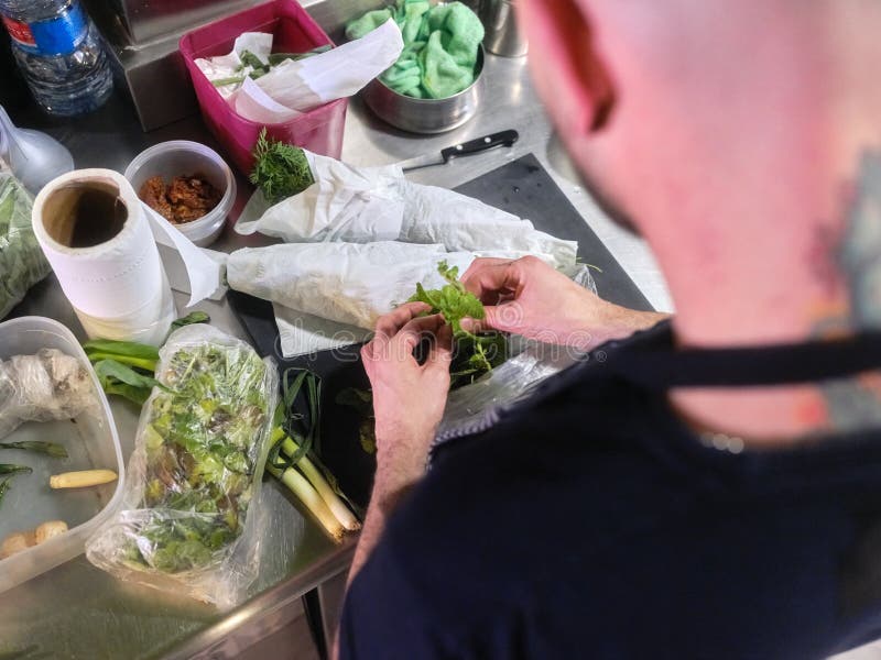 Chef Working with Some Aromatic Herbs in a Restaurant Kitchen Stock ...