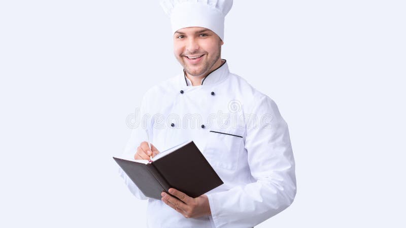 Chef Writing Recipes in Culinary Book Over White Background, Panorama ...