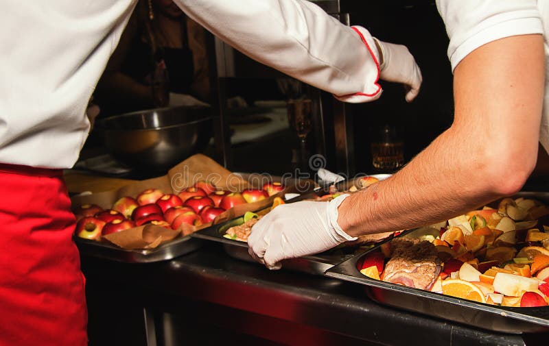 Chefs cook meat stock photo. Image of closeup, person - 81048840