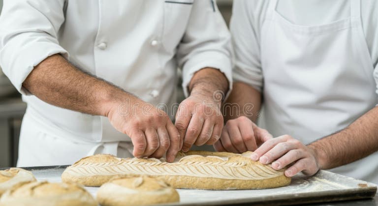 Chefs Decorating Artisan Bread with Intricate Patterns in Bakery ...
