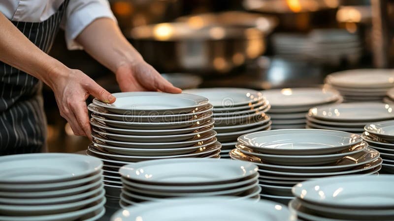 Chefs Expert Stacking of White Plates in Busy Kitchen Showcase of ...