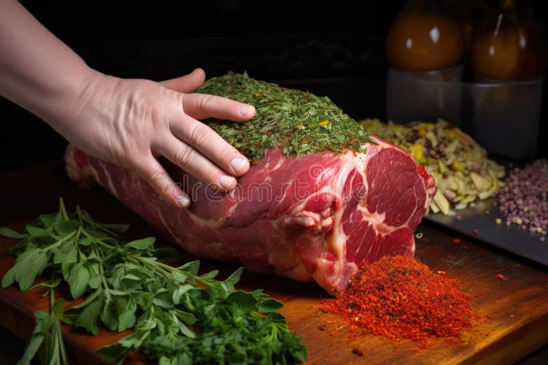 Chefs Gloved Hand Adding Spices To Rotating Lamb Leg Stock Photo ...