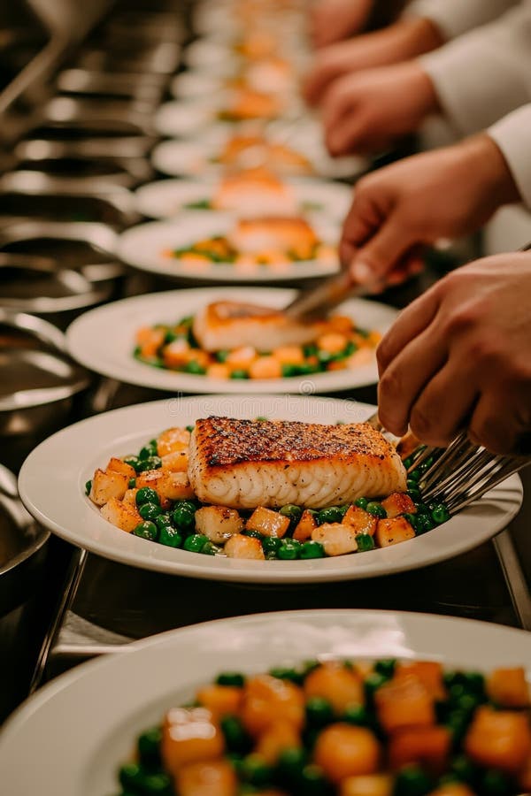 Chefs Hands Plating Grilled Fish with Vegetables on White Plates in ...