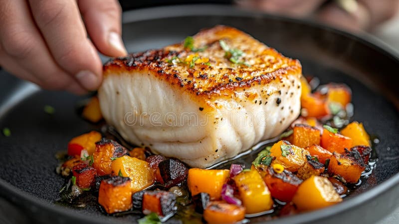 Chefs Hands Plating Grilled White Fish with Roasted Autumn Vegetables ...