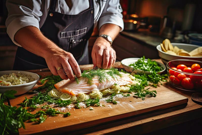 Chefs Hands Preparing a Delicious Fish Fillet Dish Stock Image - Image ...