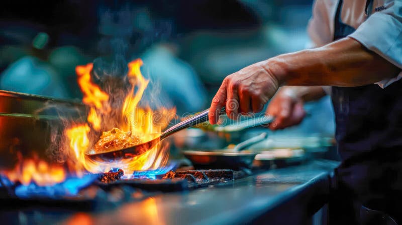 Chefs Hands Stir Food in a Flaming Pan in a Professional Kitchen ...