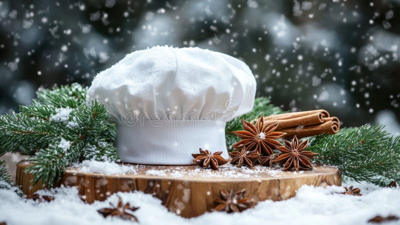 Chefs Hat Surrounded by Snow Spices and Evergreen Branches Stock ...