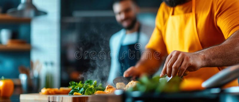 Chefs Preparing and Cooking Dishes in a Busy Kitchen Stock Illustration ...