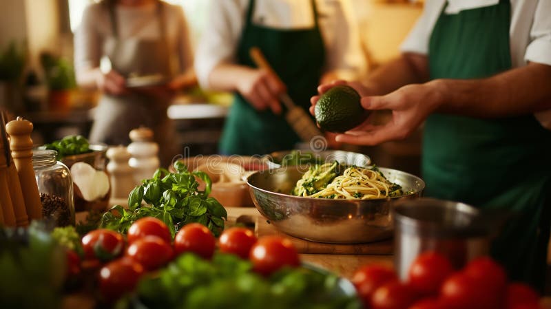 Chefs Preparing Fresh Ingredients in a Cozy Kitchen during a Culinary ...