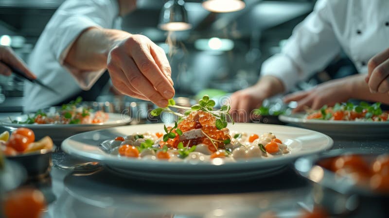 Chefs Preparing Gourmet Dish in Restaurant Kitchen Stock Image - Image ...