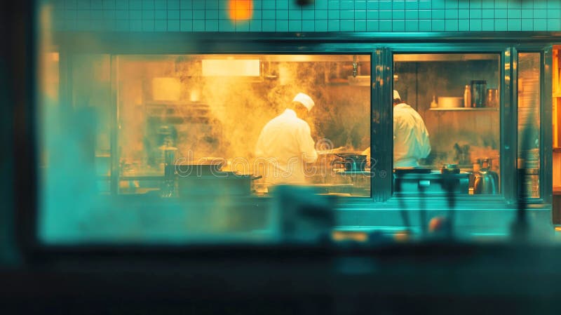 Chefs Preparing Meals in a Bustling Kitchen with Steamy Windows during ...