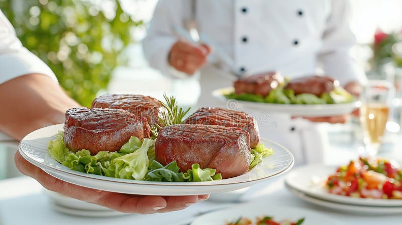 Chefs Serving Grilled Steaks on Plates with Fresh Salad in Elegant ...