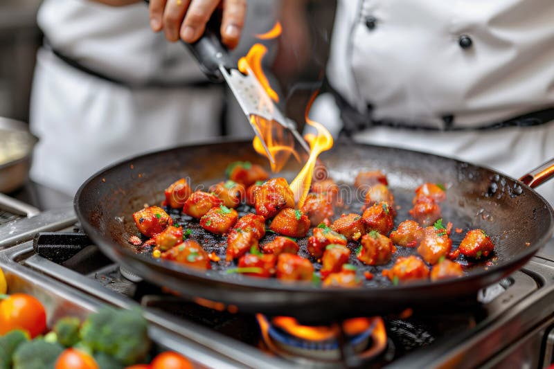 Chefs Skillfully Saut Ing Vegetables in a Flaming Skillet in a Vibrant ...