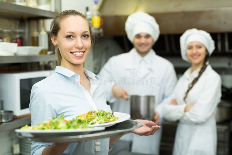 Chefs and Waitress at Kitchen Stock Photo - Image of interior, people ...